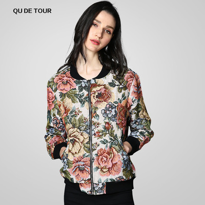 QU DETOUR 圆领复古提花棒球服2025年春新玫瑰花短款外套