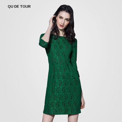 QU DETOUR 通勤风绿色蕾丝连衣裙女中袖修身显瘦A字裙洋气优雅