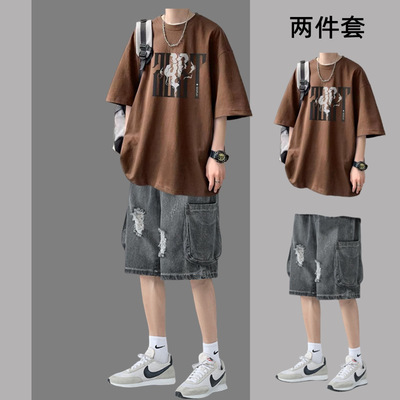 新款短袖套装男夏季港风t恤潮流宽松男装一套搭配痞帅气牛仔短裤