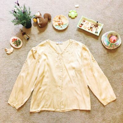 vintage森系奶茶色刺绣真丝衬衫