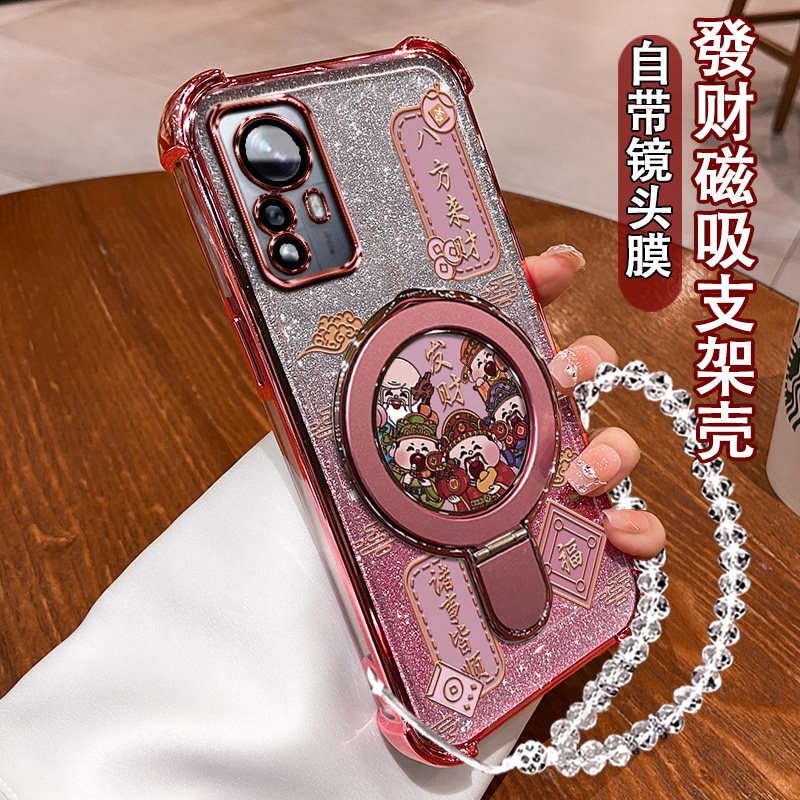 适用小米12手机壳八方来财网红mi12S闪粉支架电镀Xiaomi12X镜头膜mi12pro软壳气囊mi12Spro时尚五福财神12Pro