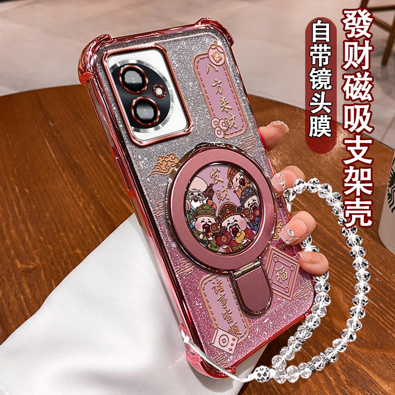 适用华为荣耀100pro时尚手机壳支架磁吸MAA-AN00五福财神手链5G四角防摔Honor100曲屏镜头膜100por保护套电镀