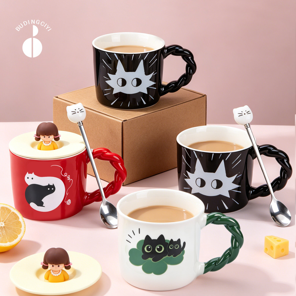 可爱卡通猫咪马克杯带盖勺陶瓷杯高颜值创意水杯办公室学生