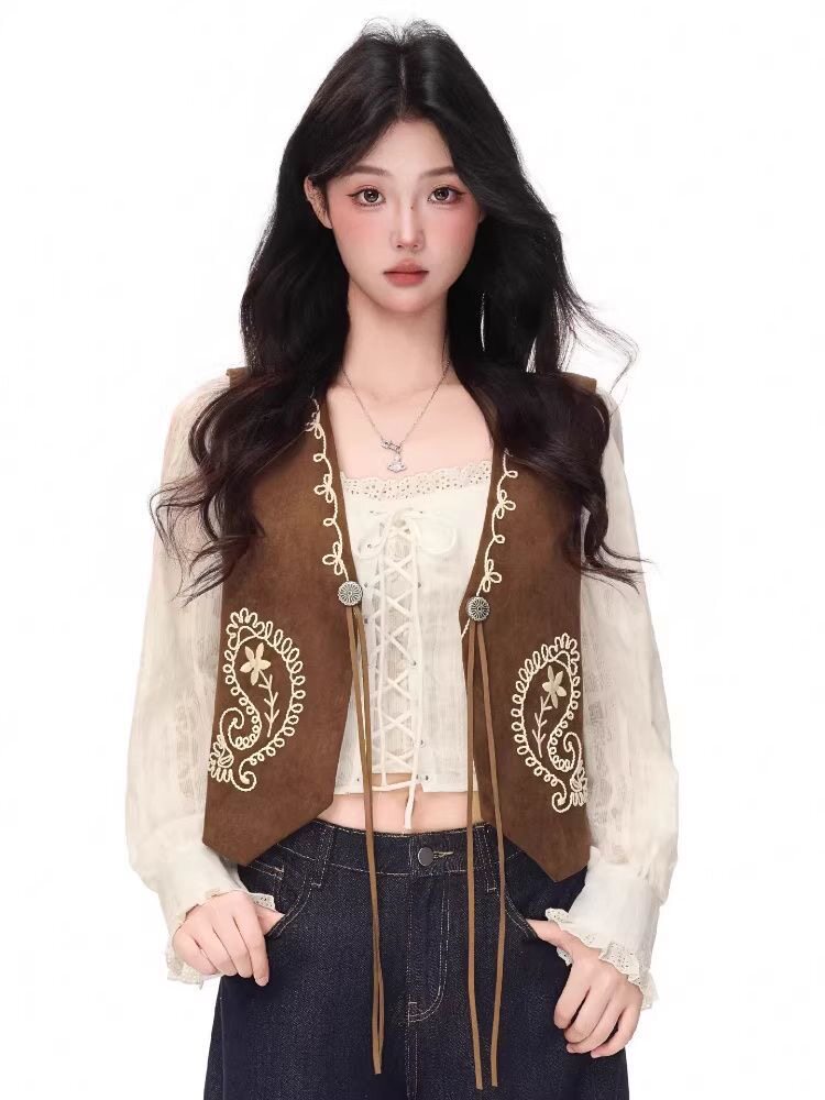 重工刺绣铆钉腰果纹马甲女2026春秋新款异域风麂皮开衫马夹背心潮