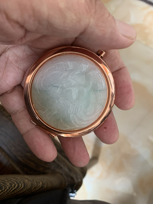翡翠天然A货50 mm71.12 g绿白玉镶嵌双凤圆盒扣榫便携镜