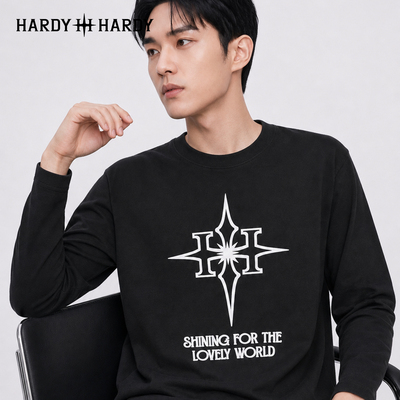 HARDY HARDY潮牌暗黑高街植绒字母长袖T恤宽松落肩十字架印花上衣
