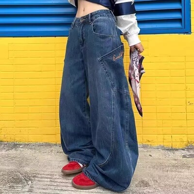 美式复古设计感大口袋弯刀牛仔裤
