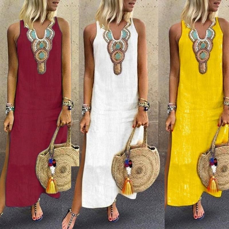 women summer plus size linen cotton Beach long maxi dress