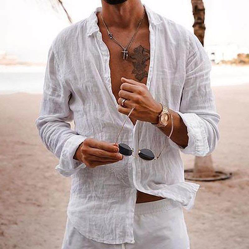 100%Cotton Linen NEW Men's Long-Sleeved Shirts Solid Col