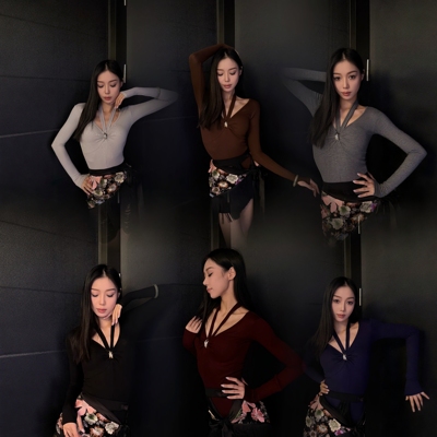 舞月LOYAL舞服秋冬款拉丁舞服性感金属挂脖V领长袖上衣练功教课女