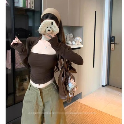 方领咖色辣妹长袖T恤女秋冬