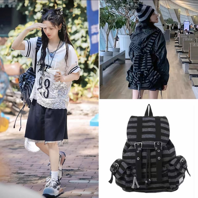 tensedance杨超越Newjeans平替同款机能风羊毛条纹双肩包背包