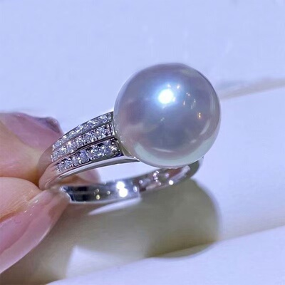 满钻高定轻奢法式珍珠戒指豪镶澳白珍珠戒指南洋金珠戒指澳母贝珠
