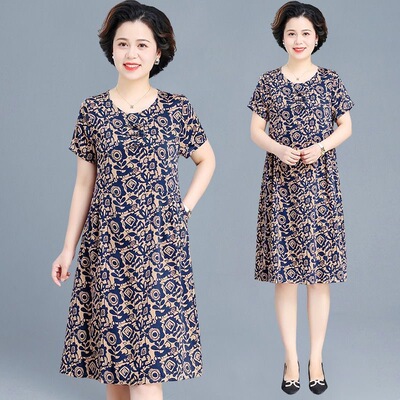 妈妈连衣裙夏季中老年女夏装大码胖妈妈中年遮肚子洋气棉绸裙子