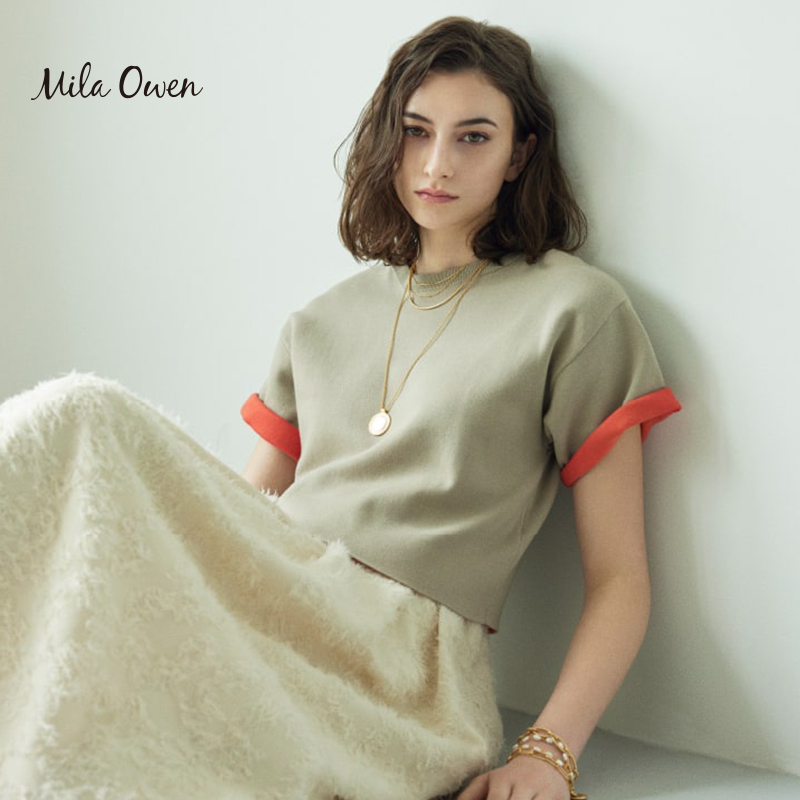 Mila Owen 2023夏季新款简约休闲圆领短袖拼接T恤上衣09WNT232052_虎窝淘