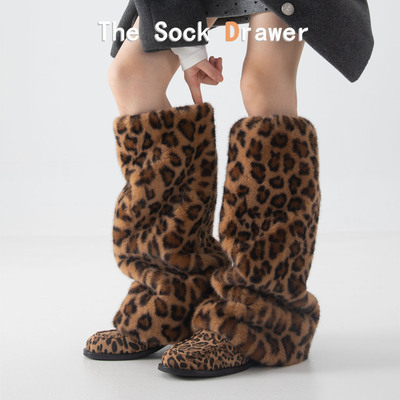 豹纹小腿袜腿套女秋冬加绒加厚保暖及膝长筒堆堆袜腿套日系原宿风