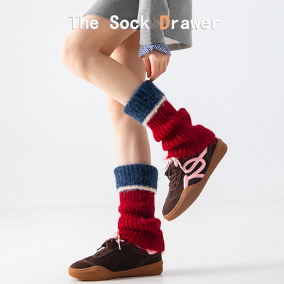 冬天外穿保暖袜套女加厚撞色翻边小腿套针织羊毛秋冬堆堆袜腿套
