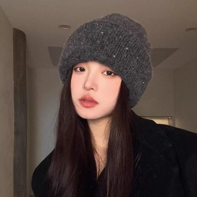 新款羊毛混纺细闪亮片大头围针织帽护耳显脸小毛线帽堆堆帽冷帽潮
