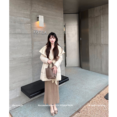 显瘦鹅绒显瘦腰带气质大翻领