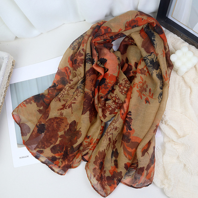 国风气质古色花朵印花丝巾围巾女春夏配裙子外搭空调披肩秋冬围脖