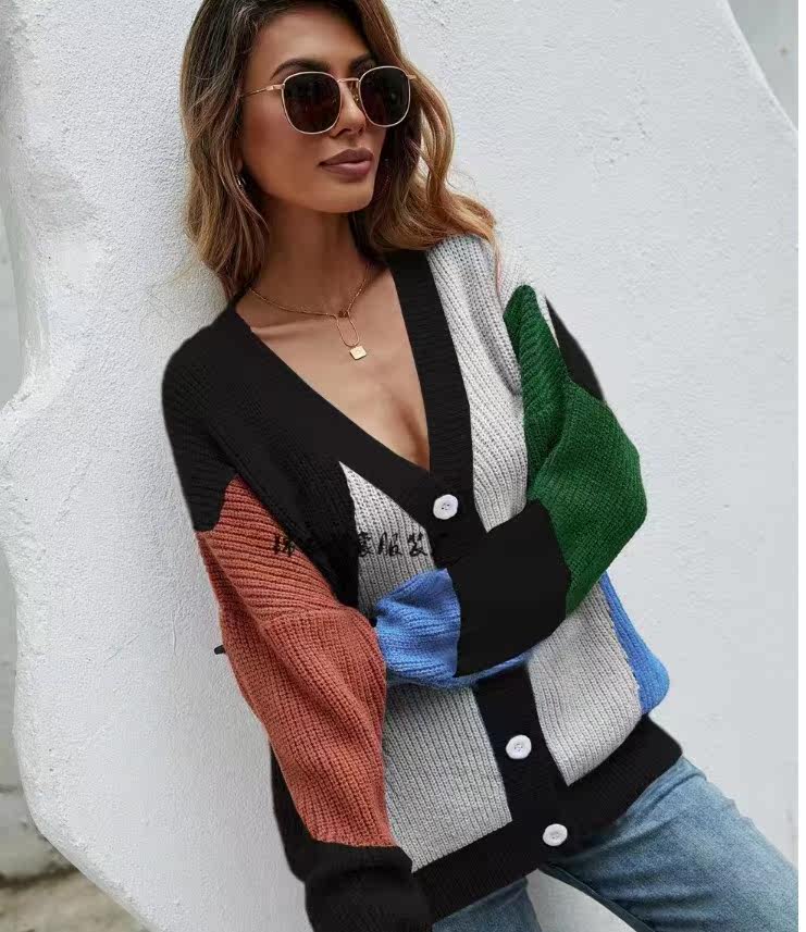V-Neck Casual Knit Cardigan Colorblock Sweater Women's_虎窝淘