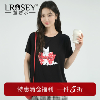 蓝若水法式慵懒风印花显瘦T恤