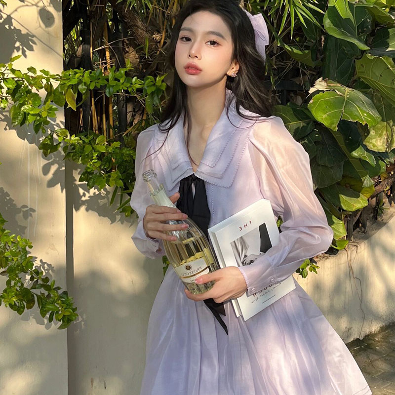 【ZZ限定新款】娃娃领蝴蝶结法式收腰气质雪纺连衣裙子女高级感