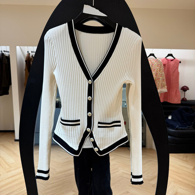 欧洲站小香风撞色修身针织开衫