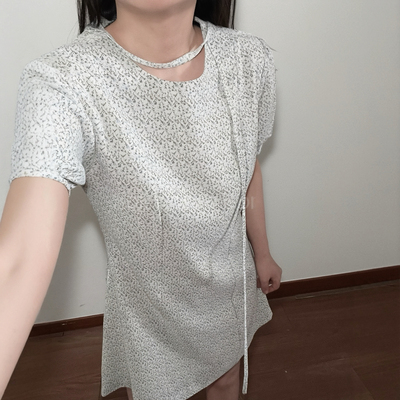 韩国代购东大门代购 新款碎花短款短袖洋装系带收腰百搭连衣裙