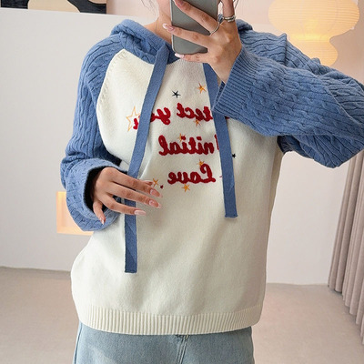 子元2025秋季新款大码女装胖mm200斤插肩袖字母连帽宽松毛衣F533