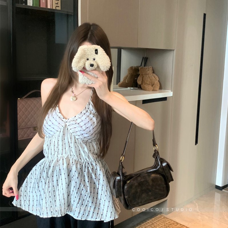 实拍实价 露背格纹短款挂脖衬衫吊带背心上衣女