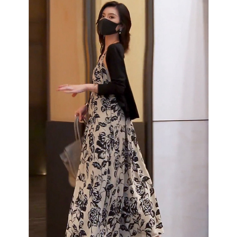 法式复古碎花裙吊带连衣裙夏季针织开衫两件套装女春夏气质连衣裙