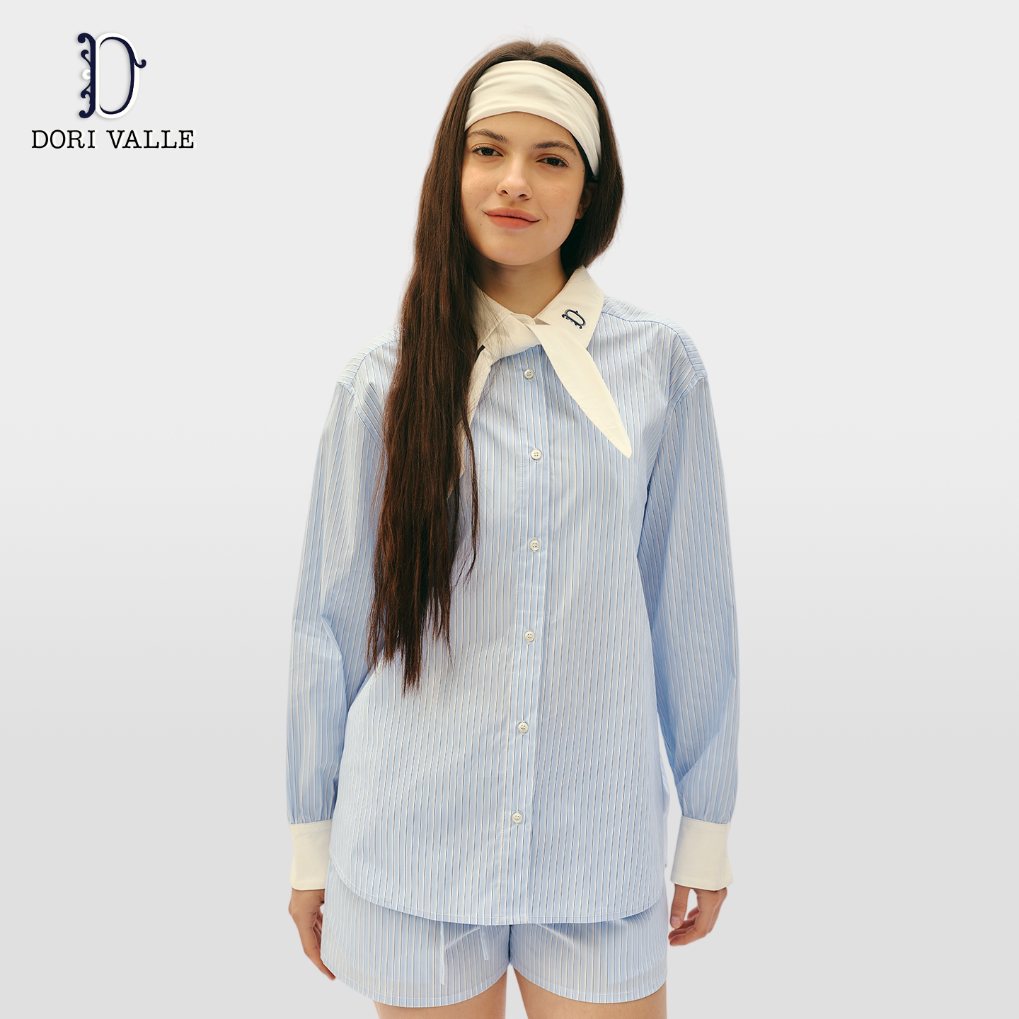 Dori Valle 蝴蝶结可拆领学院风透气轻薄宽松白蓝色竖条纹衬衫女