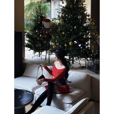 C位爱豆Wcouture原创 打歌服针织一字领露肩修身腰封鱼骨连衣短裙