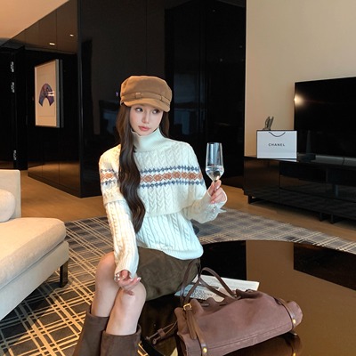 古早氛围 费尔岛羊毛高领篷式廓形披肩斗篷两件套2026长袖毛衣