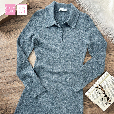 6IXTY8IGHT 68女装Polo领柔软针织连衣裙长袖迷你短裙