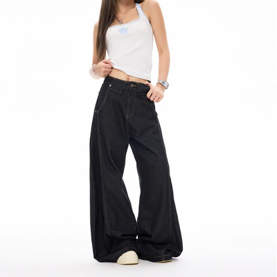 阔腿水洗做旧弯刀蓝牛牛仔裤