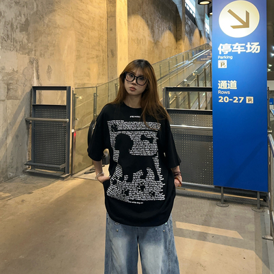 BCRA美式复古腊肠狗字母印花短袖T恤男女宽松休闲慵懒风情侣半袖T