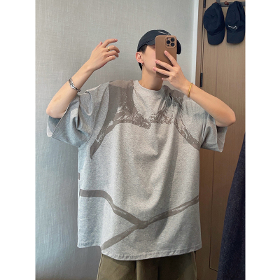 dannyandzee夏季复古百搭大版型宽松圆领假两件印花圆领短袖T恤男