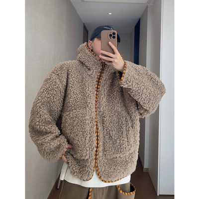 dannyandzee春季复古虎纹织带防风连帽卷卷毛泰迪毛绒保暖厚外套