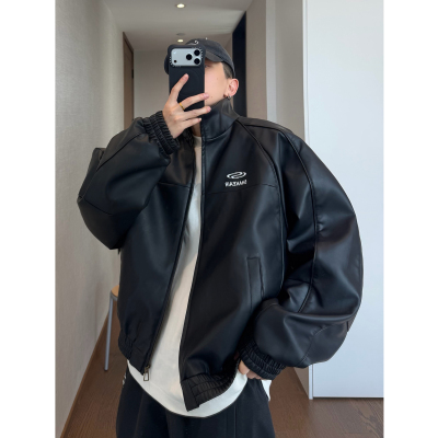 dannyandzee秋冬复古哑光黑色立领宽松防风保暖PU皮夹克外套男INS