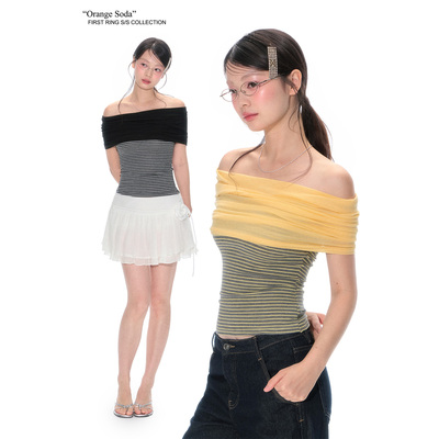 First Ring 黄色/黑色一字肩褶皱条纹修身T恤女显瘦露肩撞色上衣