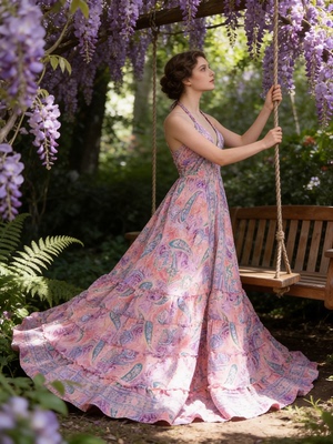 夏萨珑！法式植物丝印度度假风吊带漏背夏季V领连衣裙显瘦仙女裙