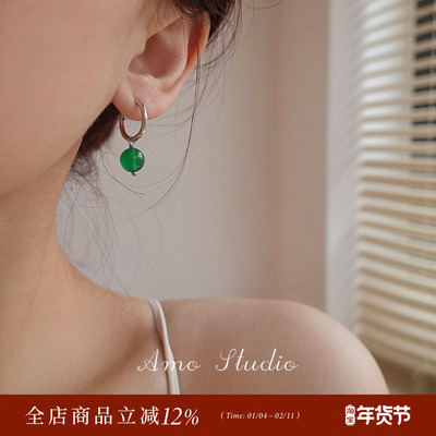 AMO绿玛瑙圆圈耳环新中式两戴