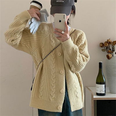 减龄长袖宽松针织开衫上衣韩版慵懒风复古麻花松弛感女毛衣外套潮