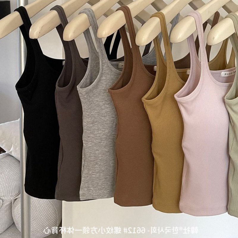 螺纹小方领吊带一体杯背心女初春气质修身内搭外穿显瘦遮副乳