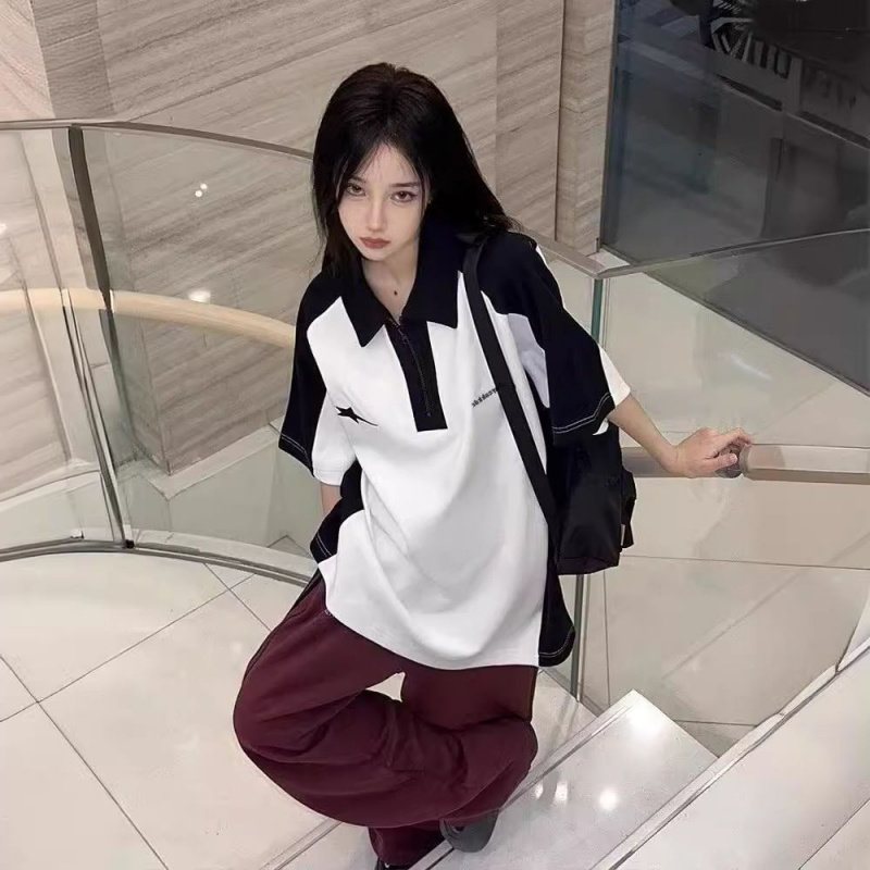 美式学院风短袖T恤女夏季撞色拼接polo领体恤圆领重磅情侣上衣ins
