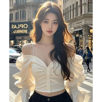 一字褶皱吊带上衣显瘦短款衬衫