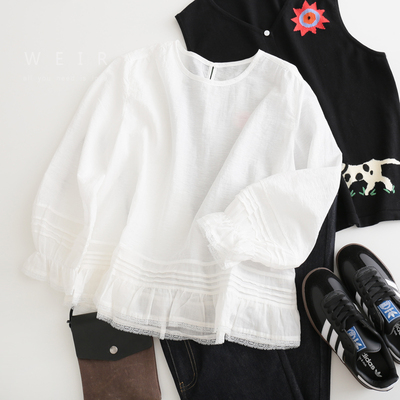 百搭重工蕾丝叠穿衬衫圆领衫森系