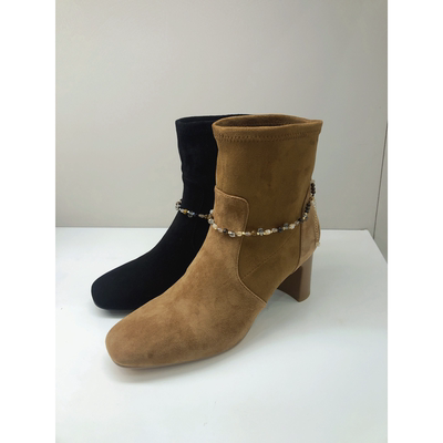 接吻猫25冬新老钱粗跟靴真皮时装瘦瘦靴链条粗高跟靴女KA65735-10